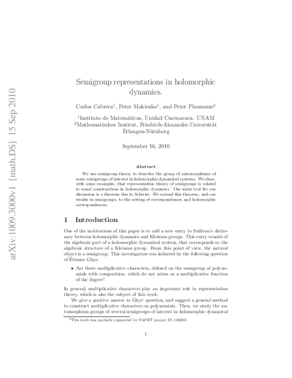 (PDF) Semigroup representations in holomorphic dynamics
