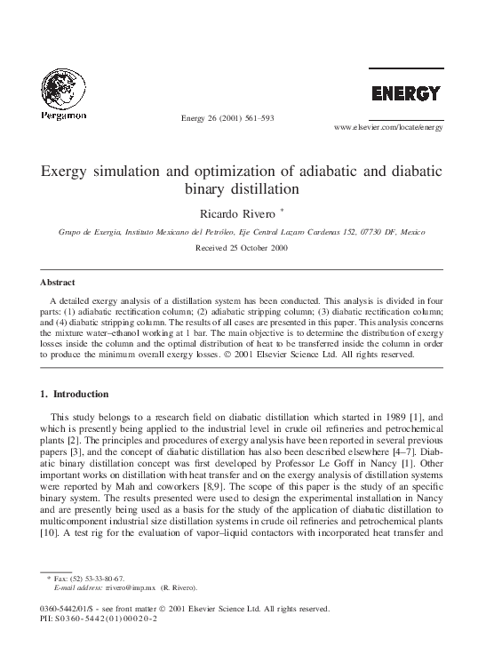 Pdf Exergy Simulation And Optimization Of Adiabatic And Diabatic Binary Distillation 