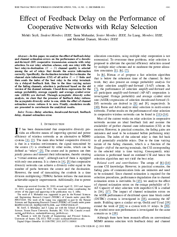 Pdf Effect Of Feedback Delay On The Performance Of Cooperative Networks With Relay Selection