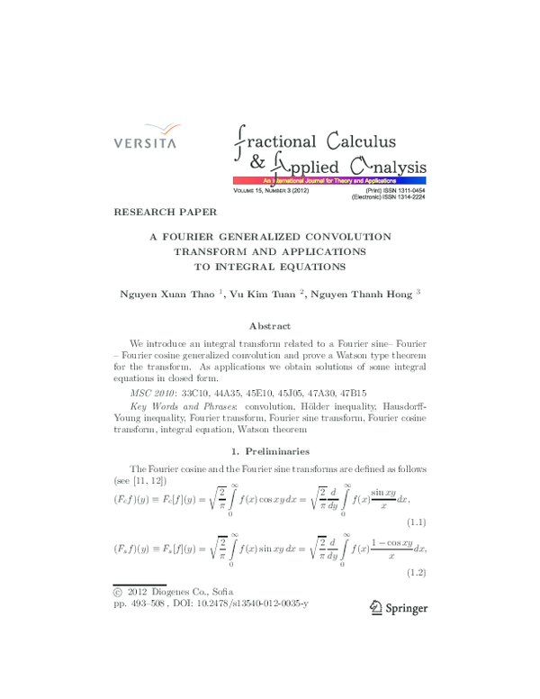 (PDF) A Fourier generalized convolution transform and applications to integral equations