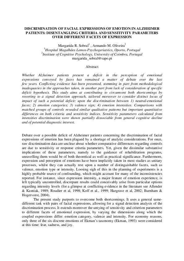 (PDF) Discrimination of Facial Expressions of Emotion in Alzheimer Patients: Disentangling ...
