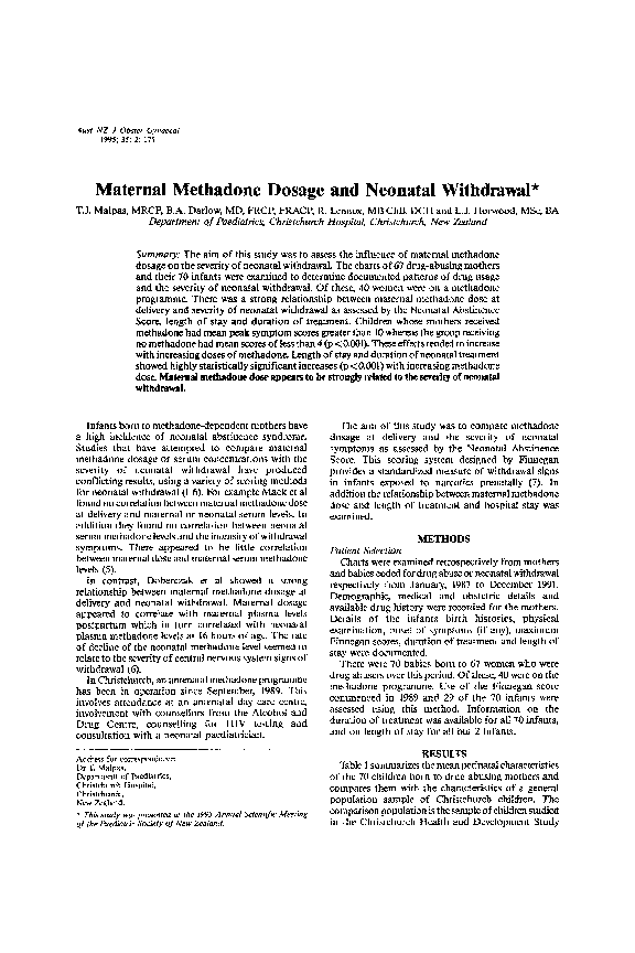 (PDF) Maternal Methadone Dosage and Neonatal Withdrawal*