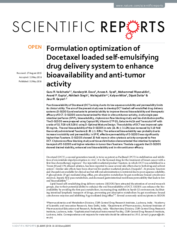 Pdf Formulation Optimization Of Docetaxel Loaded Self Emulsifying Drug Delivery System To