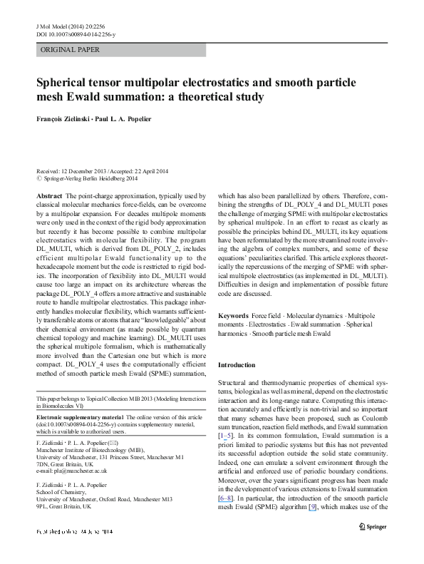 Pdf Spherical Tensor Multipolar Electrostatics And Smooth Particle Mesh Ewald Summation A