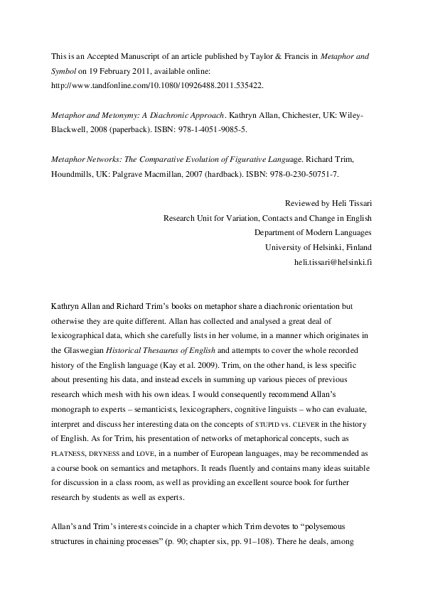 (PDF) Metaphor and Metonymy: A Diachronic Approach , by Kathryn Allan ...