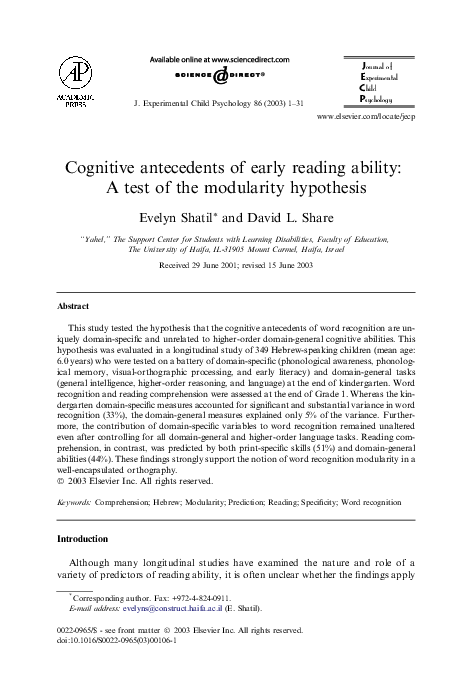 (PDF) Cognitive antecedents of early reading ability: A test of the ...