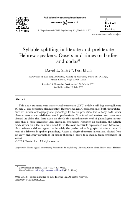 (PDF) Syllable splitting in literate and preliterate Hebrew speakers ...