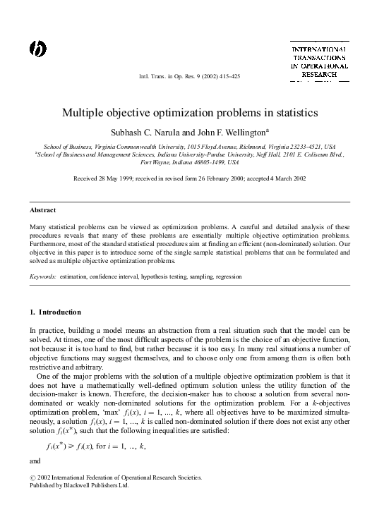 (PDF) Multiple Objective Optimization Problems in Statistics