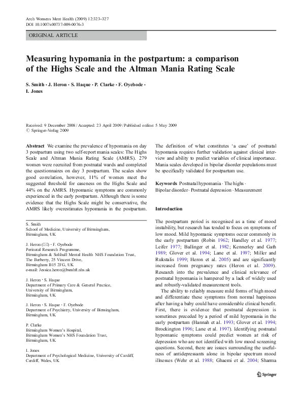 (PDF) Measuring hypomania in the postpartum: a comparison of the Highs ...