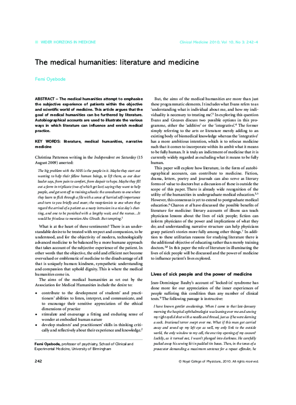 (PDF) The medical humanities: literature and medicine