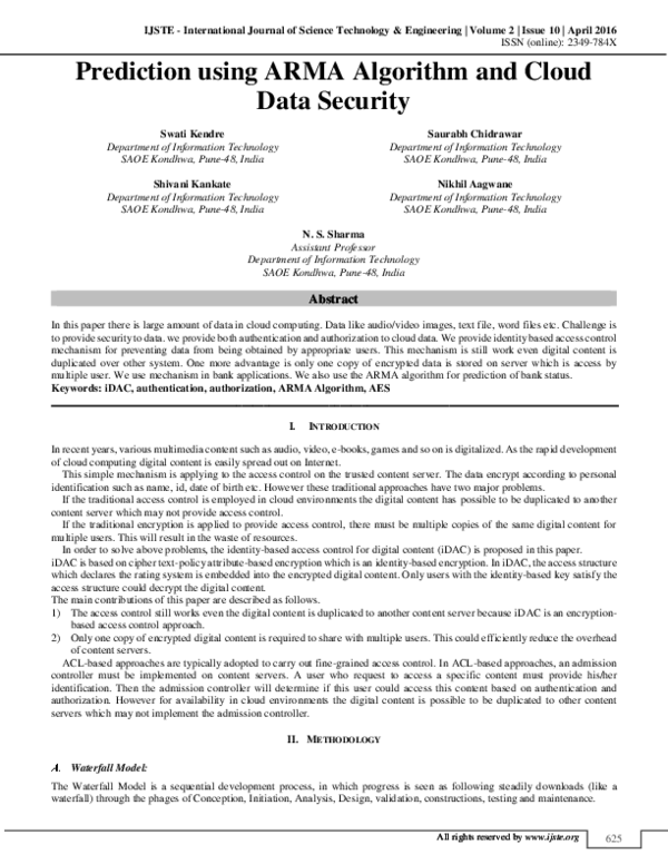 (PDF) Prediction using ARMA Algorithm and Cloud Data Security | IJSTE ...