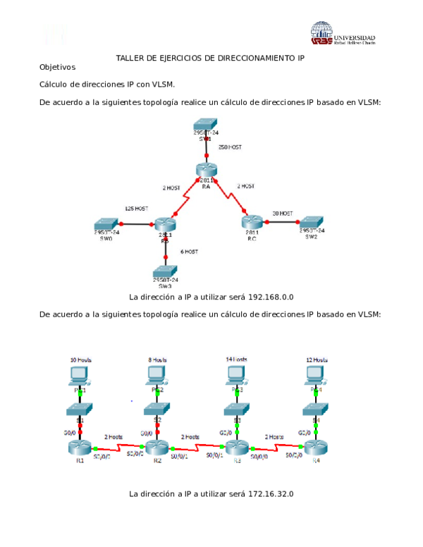 (DOC) TALLER DE EJERCICIOS DE DIRECCIONAMIENTO IP Objetivos Cálculo de direcciones IP con VLSM