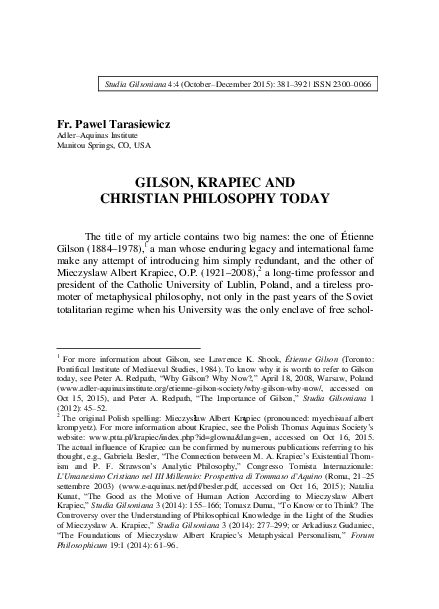 (PDF) GILSON, KRAPIEC AND CHRISTIAN PHILOSOPHY TODAY