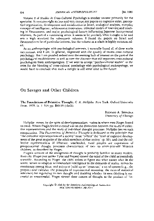 (PDF) On Savages and Other Children: The Foundations of Primitive Thought . C. R. Hallpike