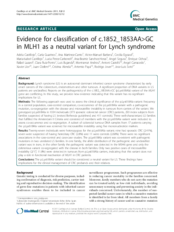 (PDF) Evidence for classification of c.1852_1853AA>GC in MLH1 as a neutral variant for Lynch ...