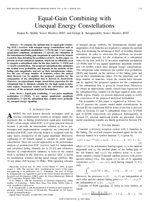 Pdf Equal Gain Combining With Unequal Energy Constellations