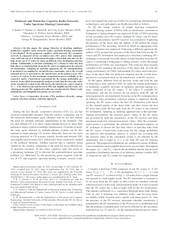 Pdf Multiuser And Multirelay Cognitive Radio Networks Under Spectrum Sharing Constraints