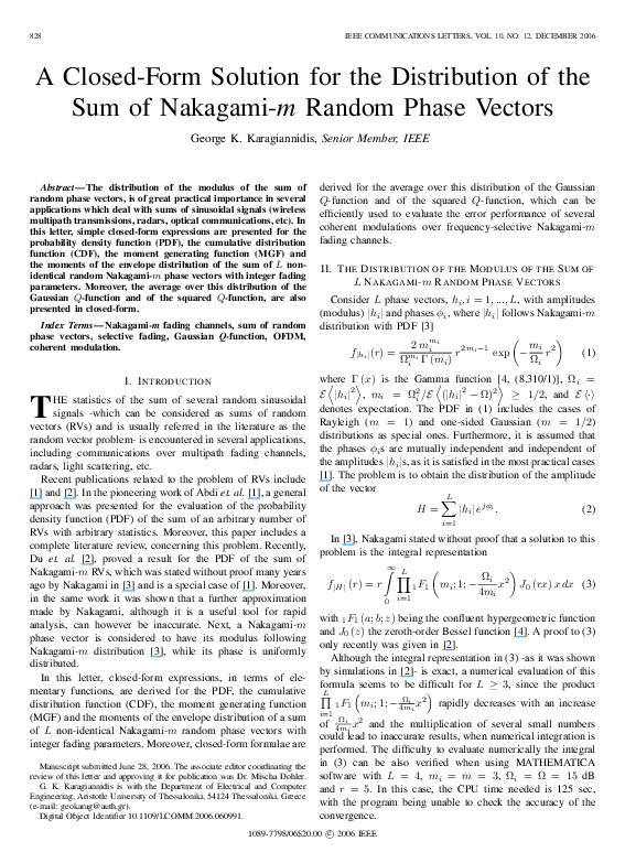(PDF) A closed-form solution for the distribution of the sum of Nakagami-m random phase vectors