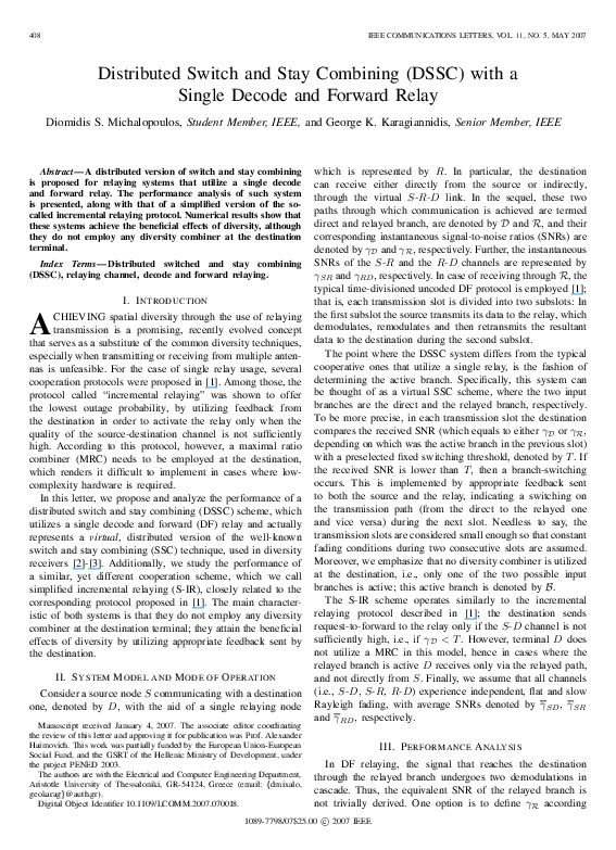 Pdf Distributed Switch And Stay Combining Dssc With A Single Decode And Forward Relay