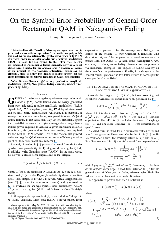 (PDF) On the symbol error probability of general order rectangular qam in nakagami-m fading