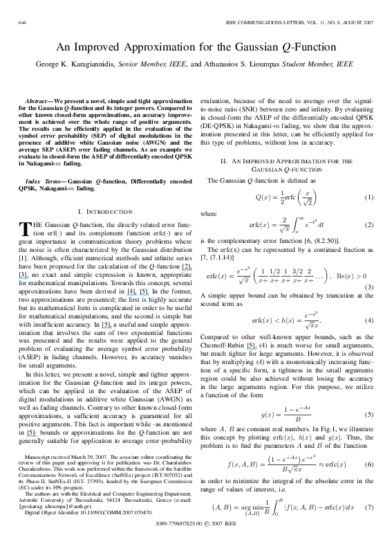 Pdf An Improved Approximation For The Gaussian Q Function
