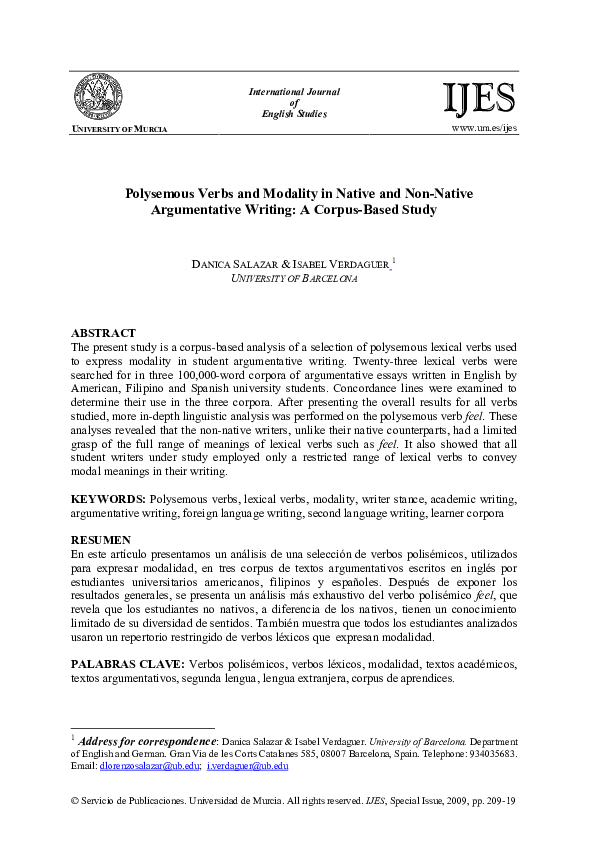 (PDF) Polysemous verbs and modality in native and non-native argumentative writing: a corpus ...