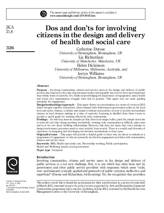 (PDF) Dos and don’ts for involving citizens in the design and delivery ...