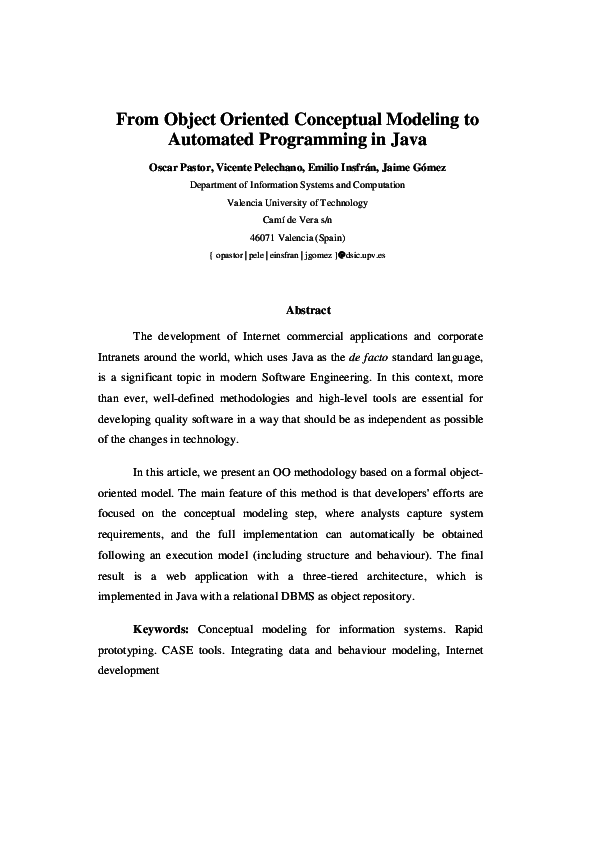 Pdf From Object Oriented Conceptual Modeling To Automated Programming In Java