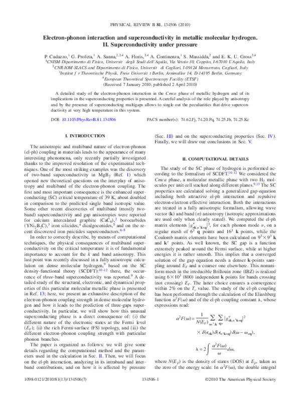 (PDF) Electron-phonon interaction and superconductivity in metallic molecular hydrogen. II ...