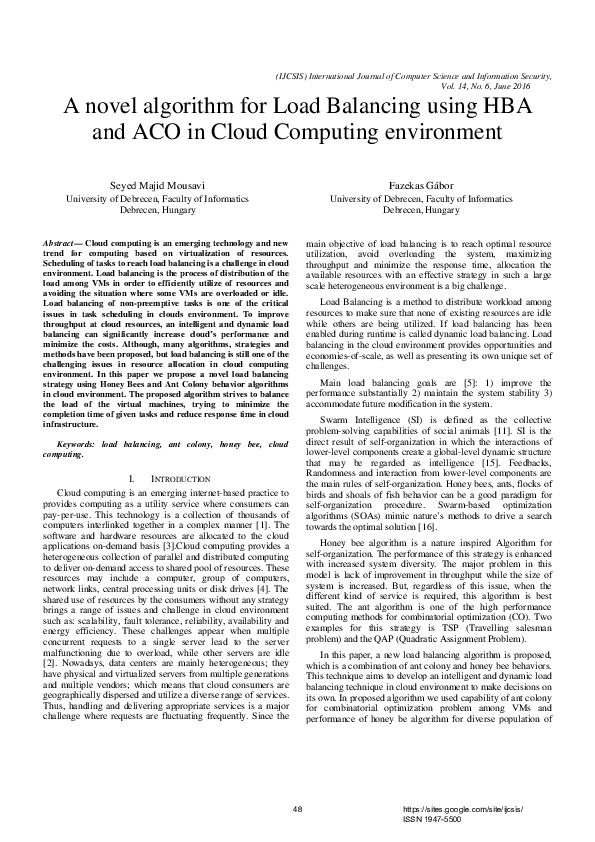 Pdf A Novel Algorithm For Load Balancing Using Hba And Aco In Cloud Computing Environment