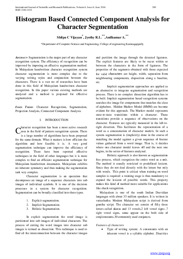 (PDF) Histogram Based Connected Component Analysis for Character Segmentation