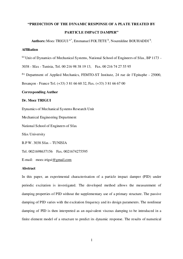 (PDF) Prediction of the dynamic response of a plate treated by particle impact damper
