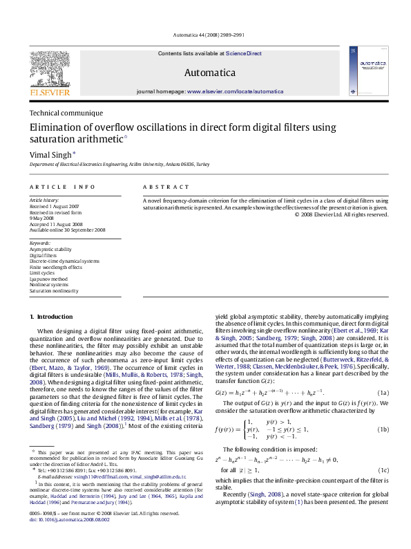 (PDF) Elimination of overflow oscillations in direct form digital ...