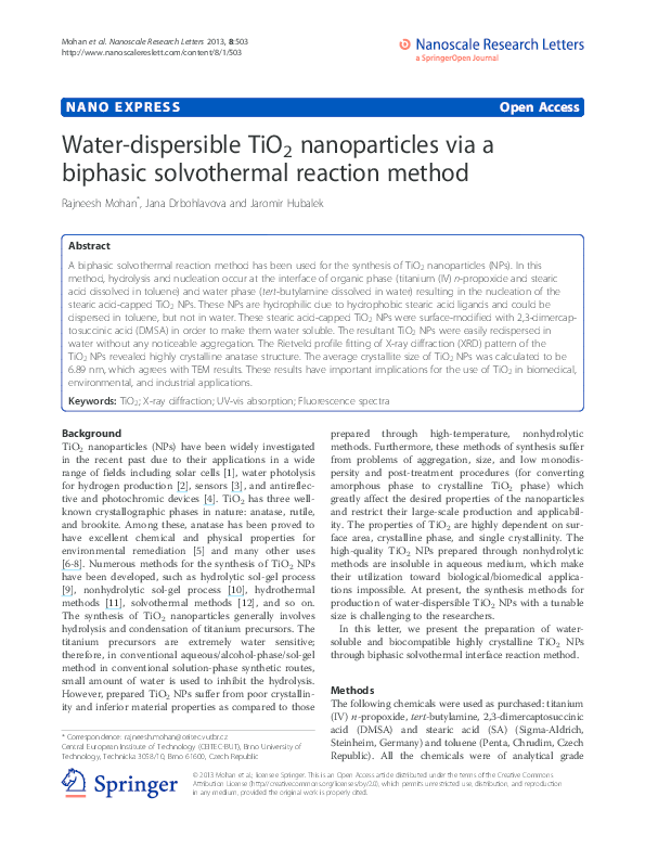 (PDF) Water-dispersible TiO2 nanoparticles via a biphasic solvothermal ...