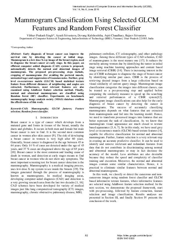 Pdf Mammogram Classification Using Selected Glcm Features And Random Forest Classifier