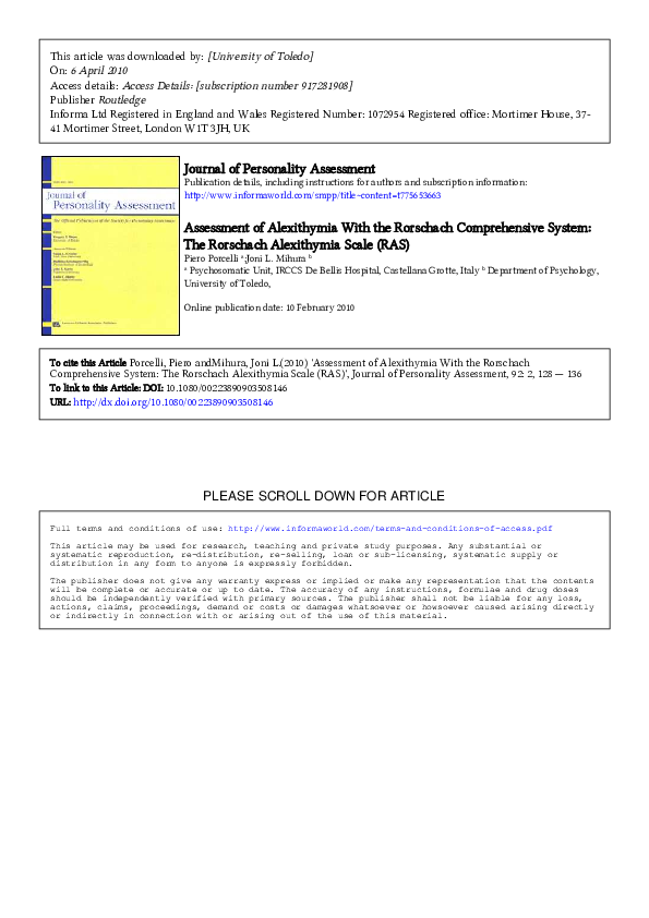 (PDF) Assessment of Alexithymia With the Rorschach Comprehensive System ...