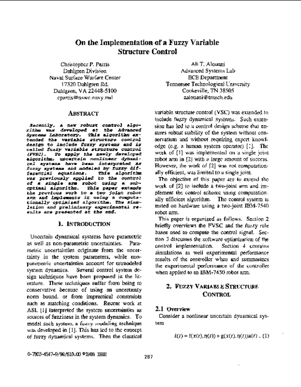(PDF) On the implementation of a fuzzy variable structure control