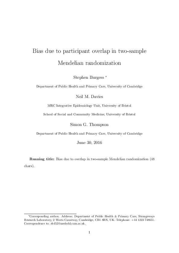 (PDF) Bias due to participant overlap in two-sample Mendelian randomization