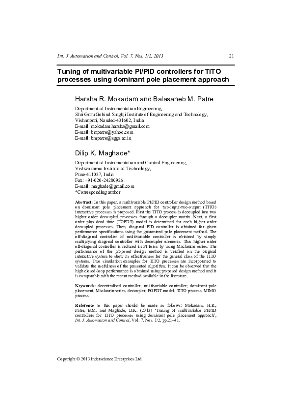 (PDF) Tuning of multivariable PI/PID controllers for TITO processes using dominant pole ...