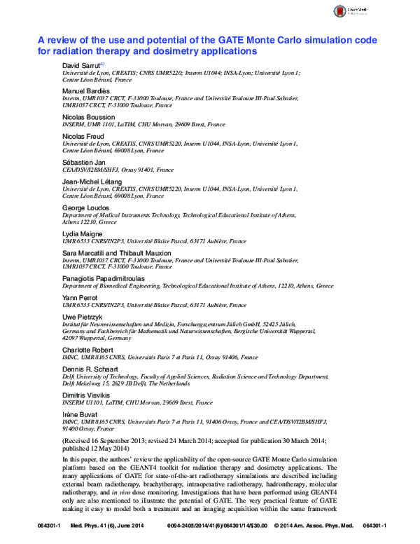 (PDF) A review of the use and potential of the GATE Monte Carlo simulation code for radiation ...