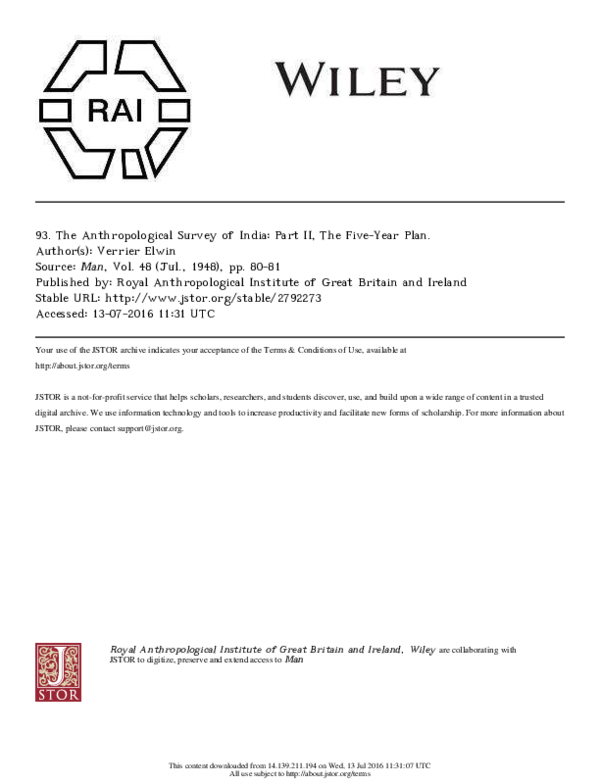 (PDF) History of Anthropological Survey of India by Verrier Elwin(Part ...