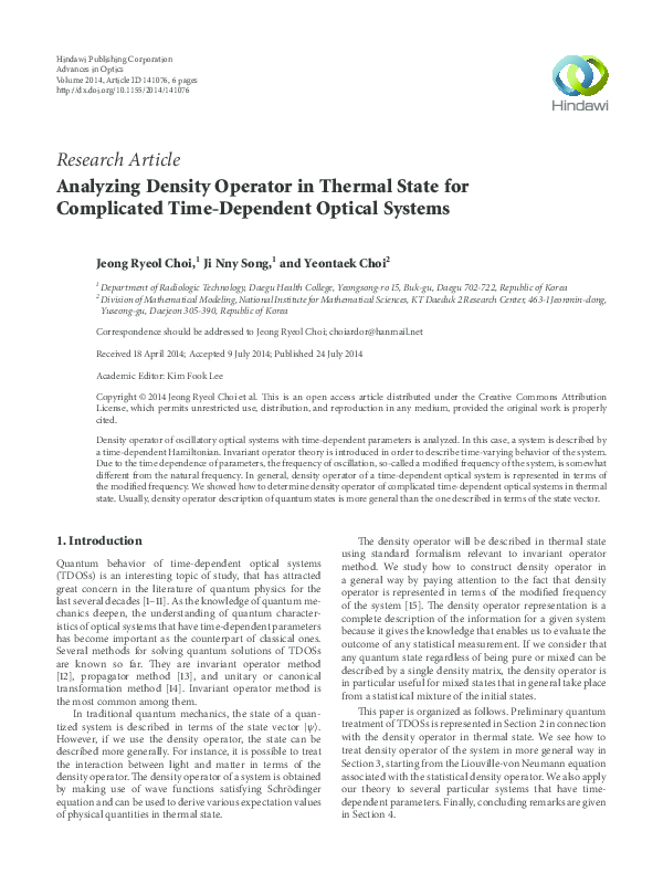 (PDF) Analyzing Density Operator in Thermal State for Complicated Time-Dependent Optical Systems