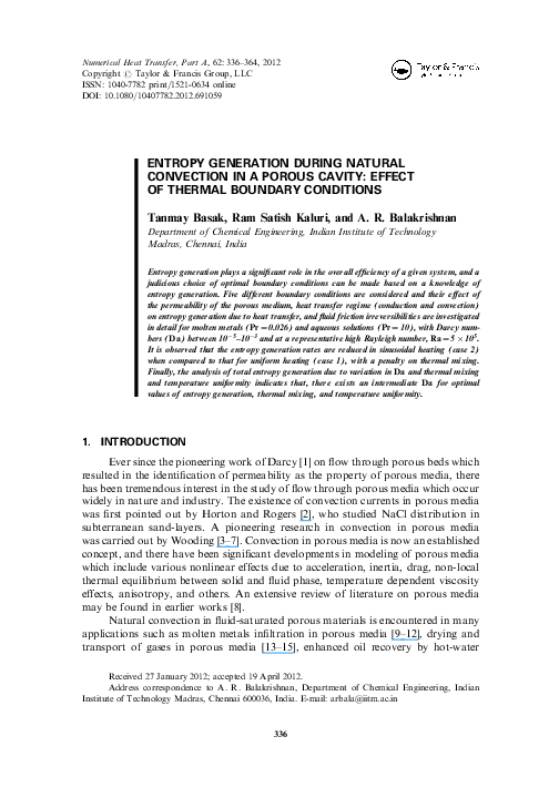 Pdf Entropy Generation During Natural Convection In A Porous Cavity Effect Of Thermal