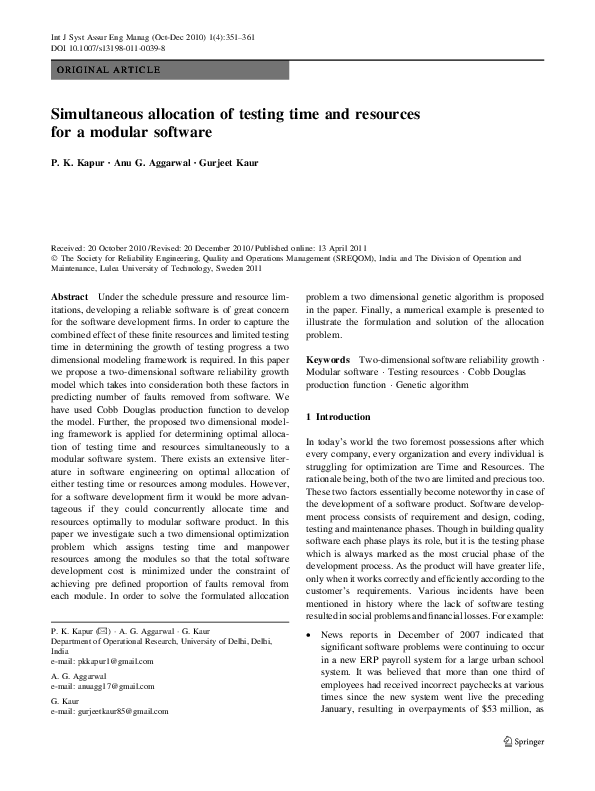 Pdf Simultaneous Allocation Of Testing Time And Resources For A Modular Software