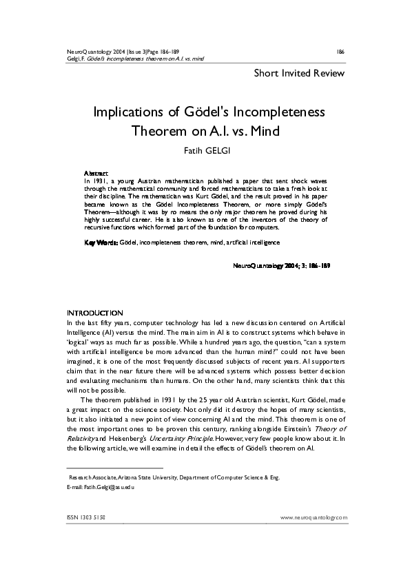 (PDF) Implications of Gödel's Incompleteness Theorem on A.I. vs. Mind