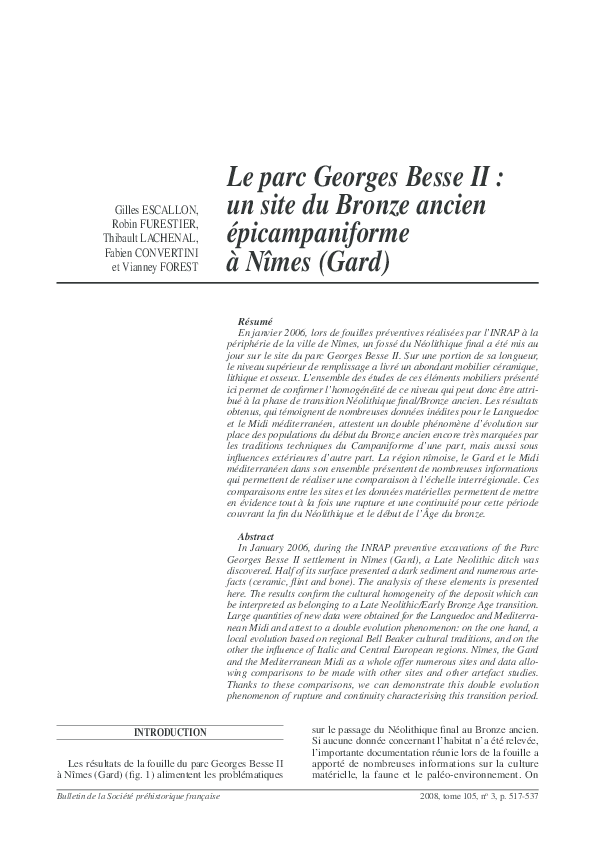 (PDF) Le parc Georges Besse II : un site du Bronze ancien ...