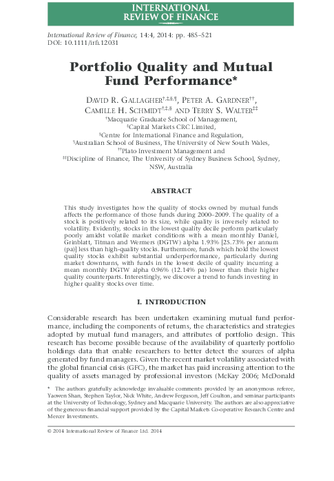 (PDF) Portfolio Quality and Mutual Fund Performance