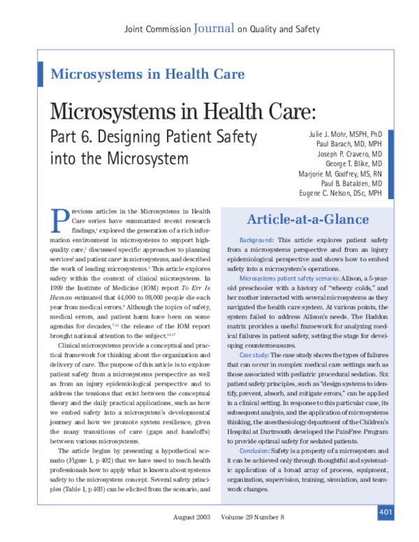 (PDF) Microsystems in health care: Part 6. Designing patient safety ...
