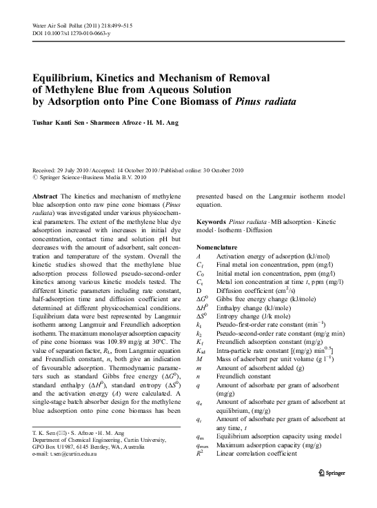 (PDF) Equilibrium, Kinetics and Mechanism of Removal of Methylene Blue from Aqueous Solution by ...