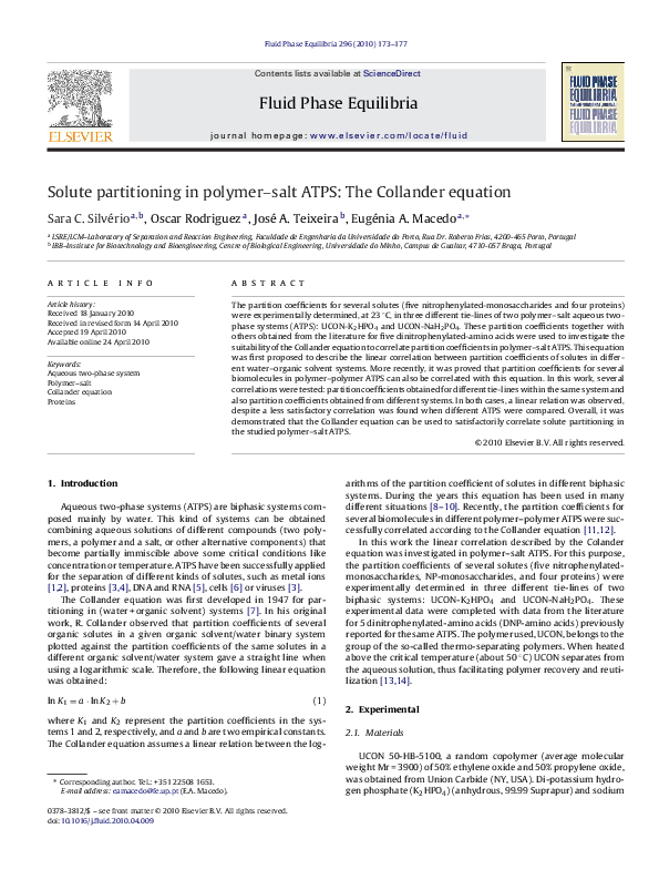 (PDF) Solute partitioning in polymer–salt ATPS: The Collander equation